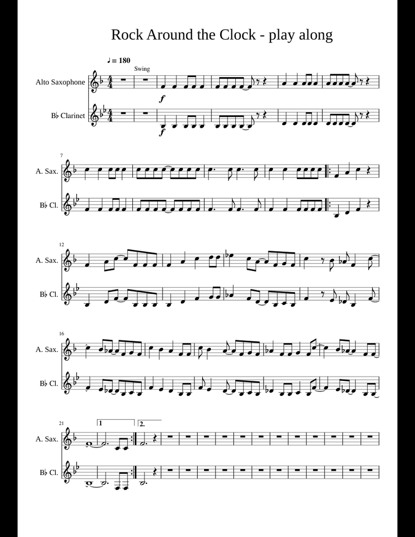 Rock Around the Clock v2 - play along sheet music for Clarinet, Piano ...
