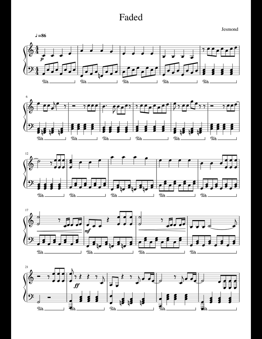 Faded in C major sheet music for Piano download free in PDF or MIDI
