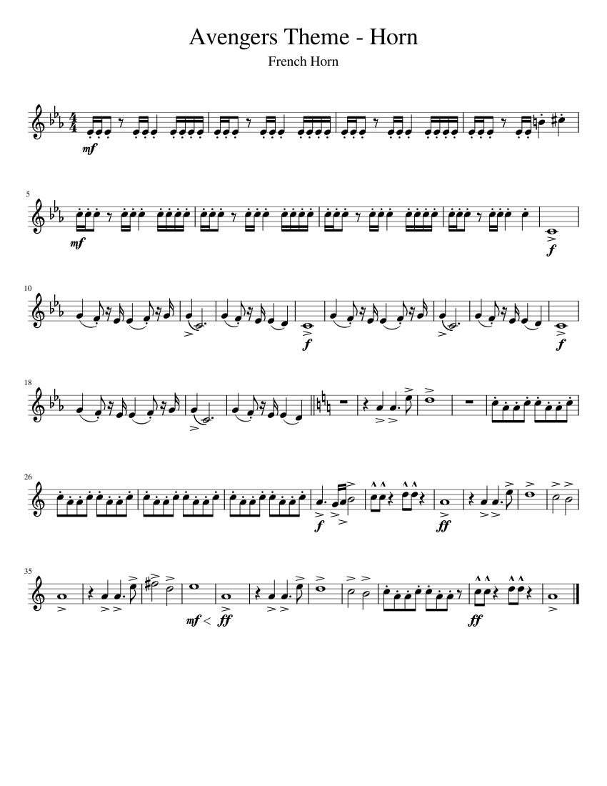 Avengers theme - French Horn 1 sheet music for French Horn download ...