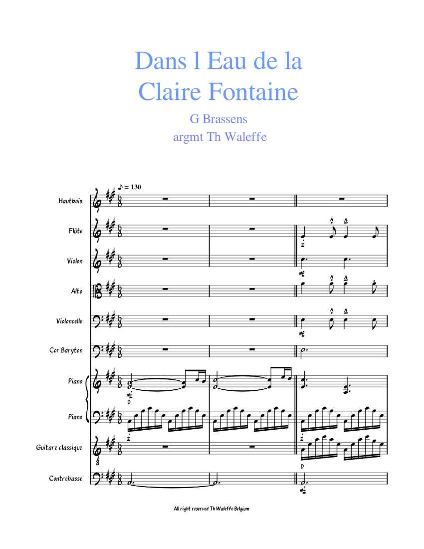 dans l eau de la claire fontaine Sheet music for Piano, Violin, Flute ...