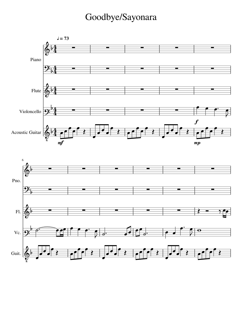 Goodbye/Sayonara sheet music for Piano, Flute, Cello, Guitar download ...