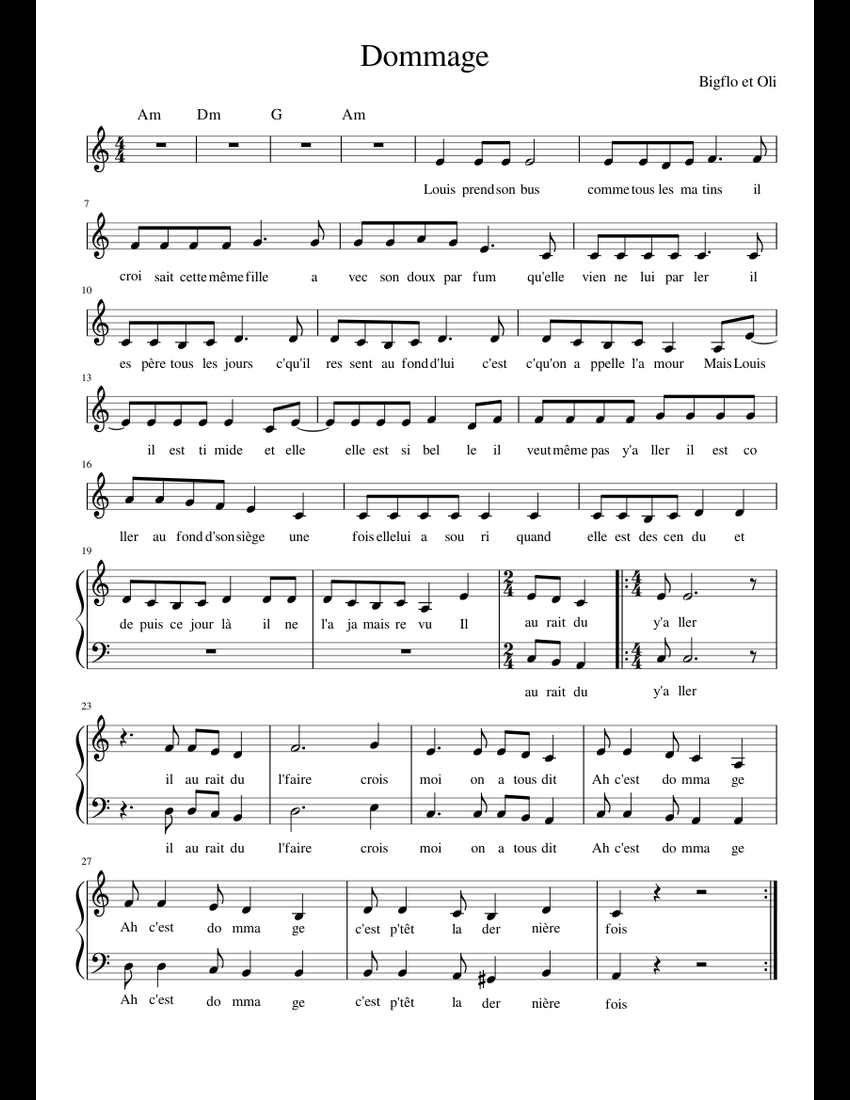 Dommage - Bigflo et Oli sheet music for Piano download free in PDF or MIDI