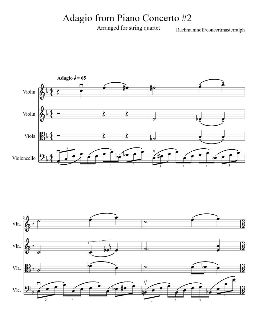 Rachmaninoff Piano Concerto 2 adagio for string quartet sheet music ...