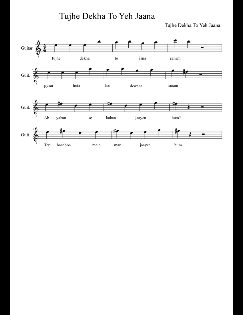 Tujhe Dekha To Yeh Jaana sheet music download free in PDF or MIDI