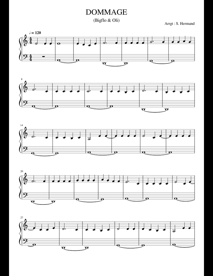 DOMMAGE de BigFLo et Oli sheet music for Piano download free in PDF or MIDI