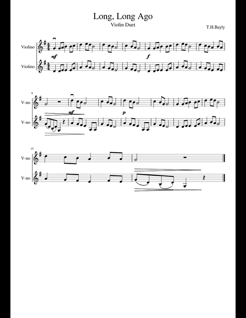 Long Long Ago Violin Duet sheet music for Violin download free in PDF ...