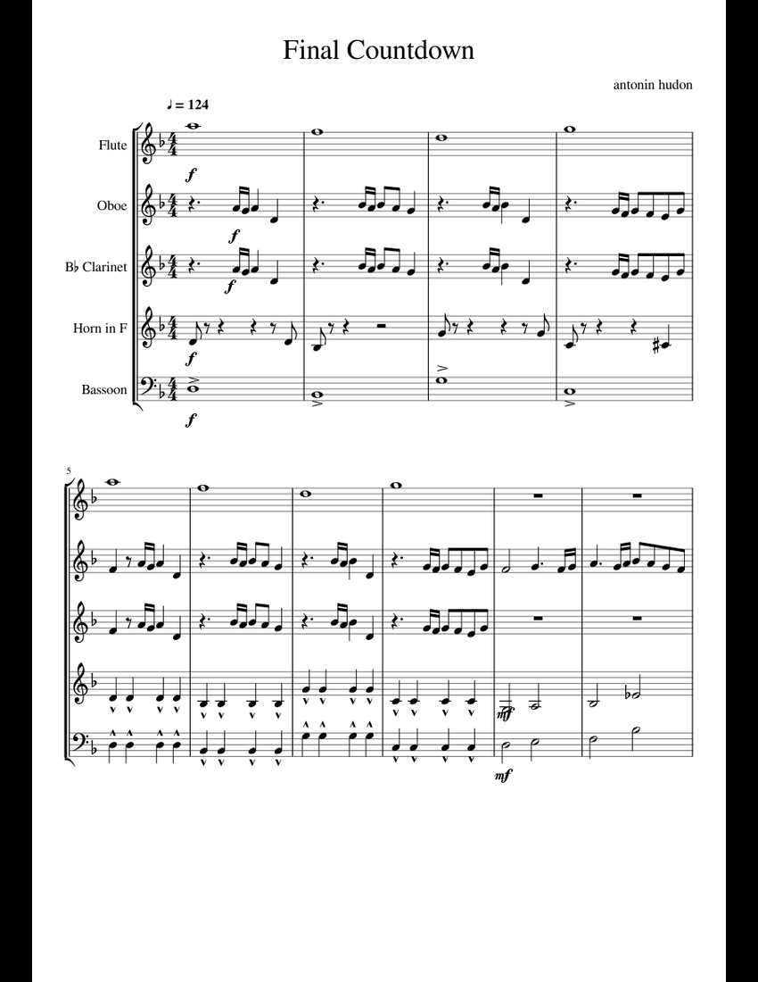 Final Countdown sheet music for Flute, Clarinet, Oboe, French Horn ...