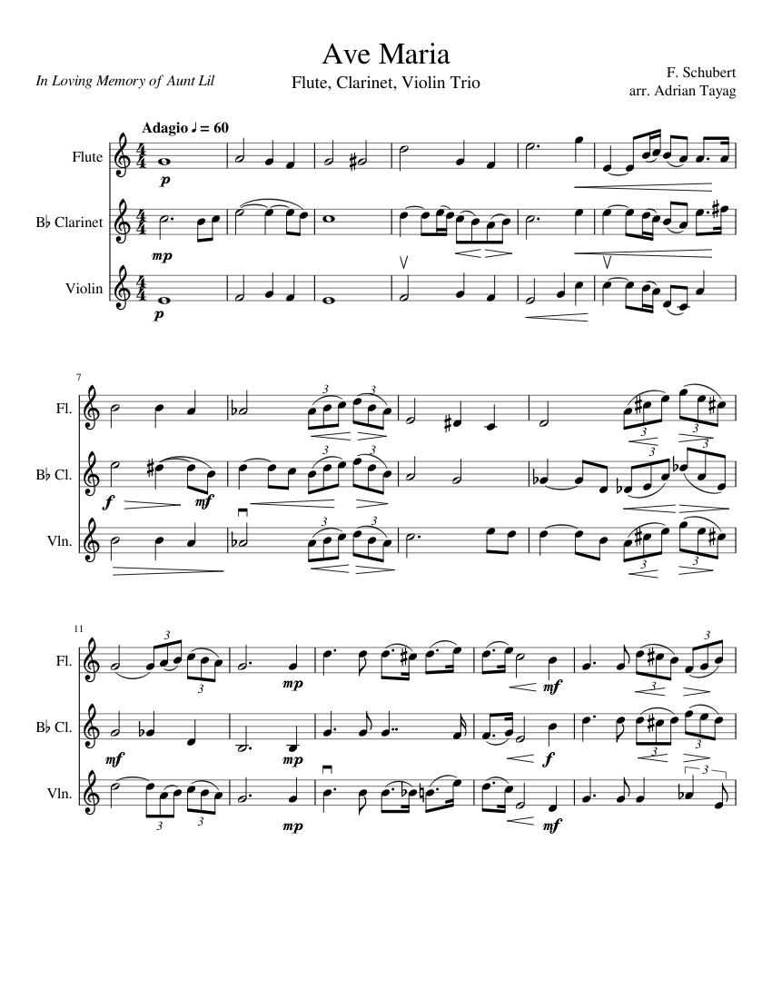 Ave Maria Sheet music for Violin, Flute, Clarinet (In B Flat) (Mixed ...