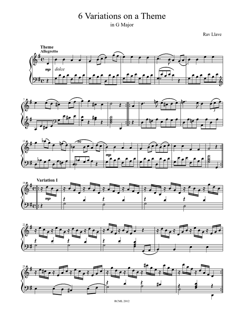 6 Variations on a Theme Sheet music | Download free in PDF or MIDI ...