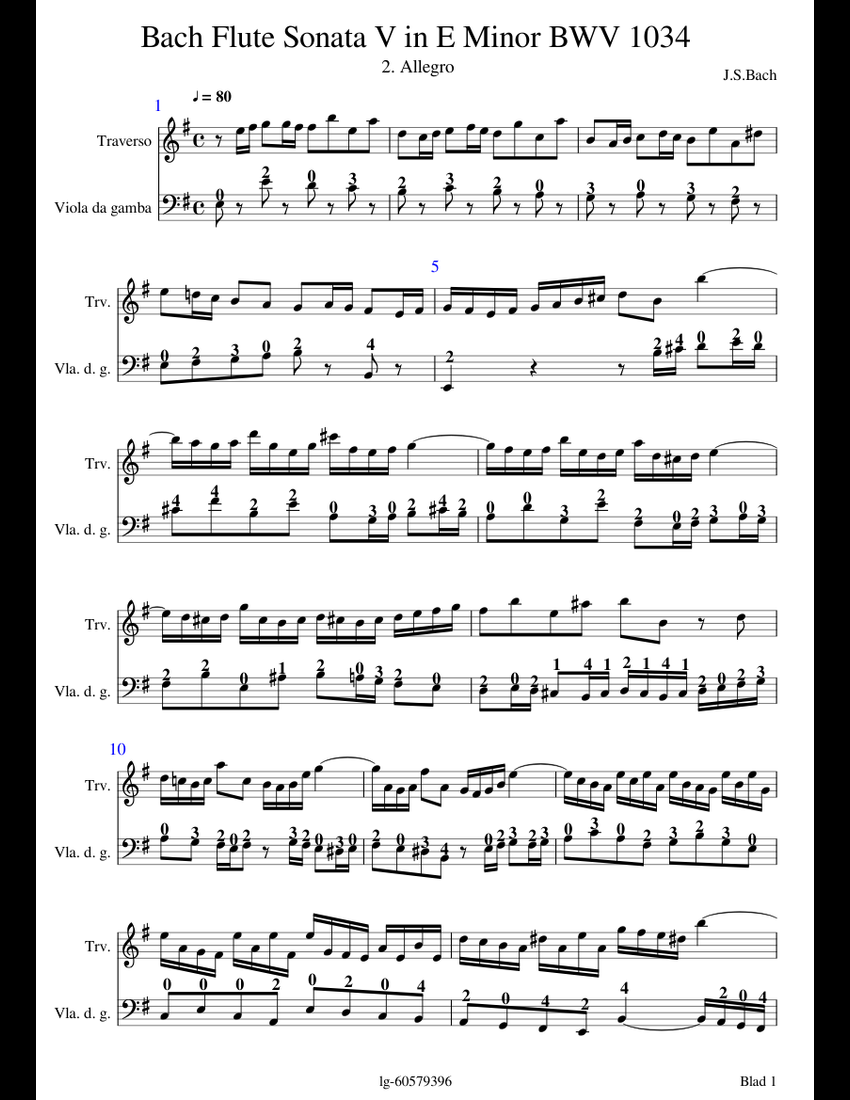 Bach Flute Sonata V in E Minor deel 2 BWV 1034 sheet music for Flute ...
