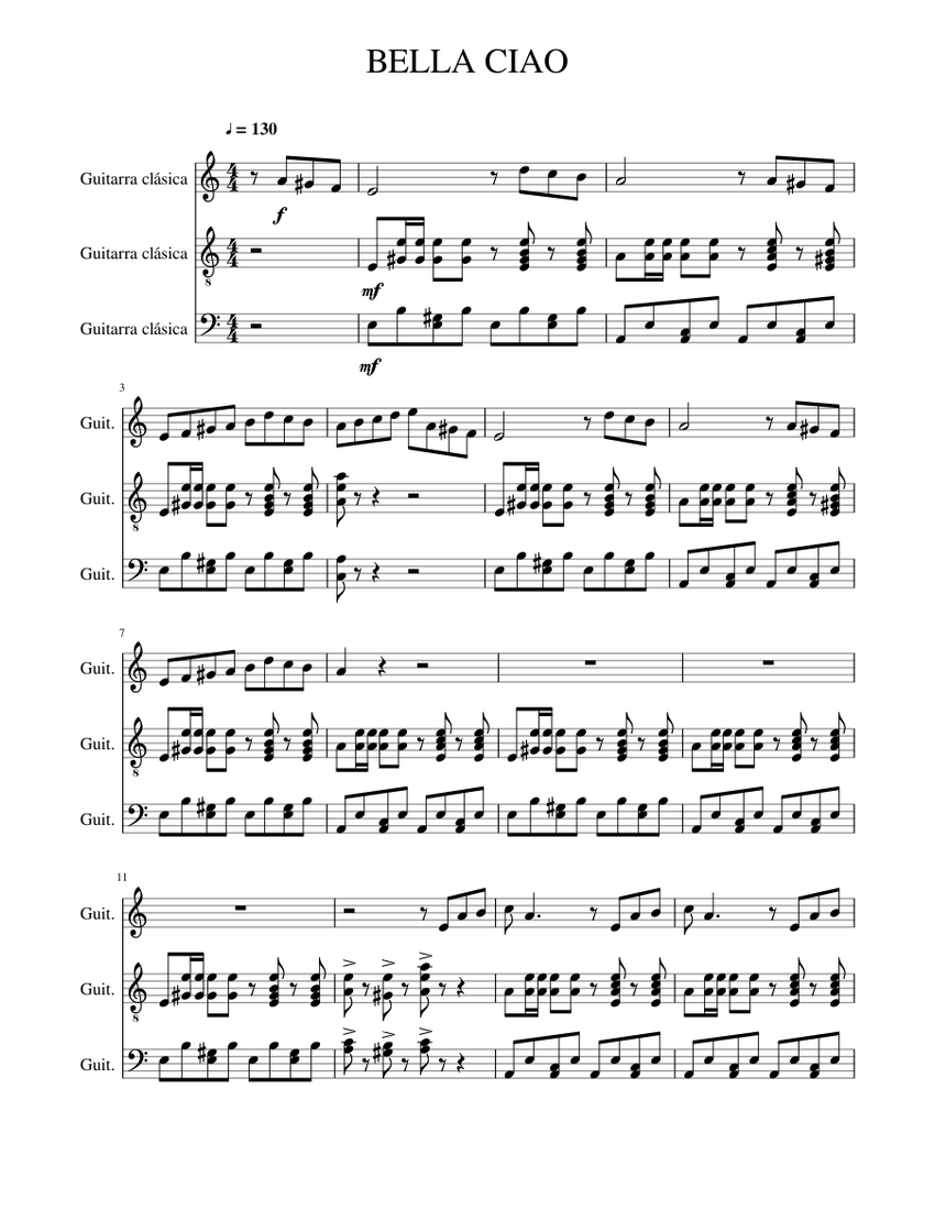 BELLA CIAO Sheet music for Guitar | Download free in PDF or MIDI ...