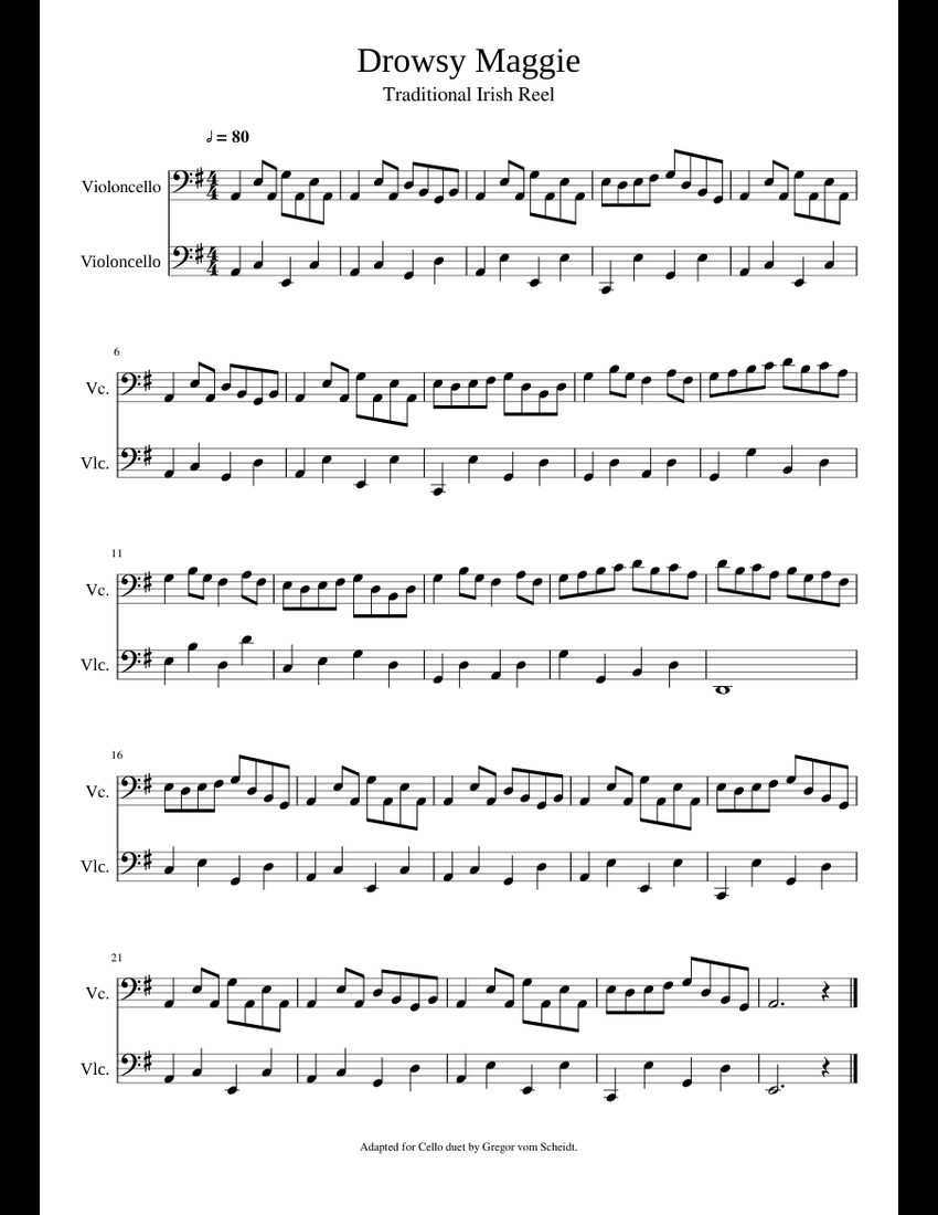 Drowsy Maggie Cello Duet sheet music for Cello download free in PDF or MIDI