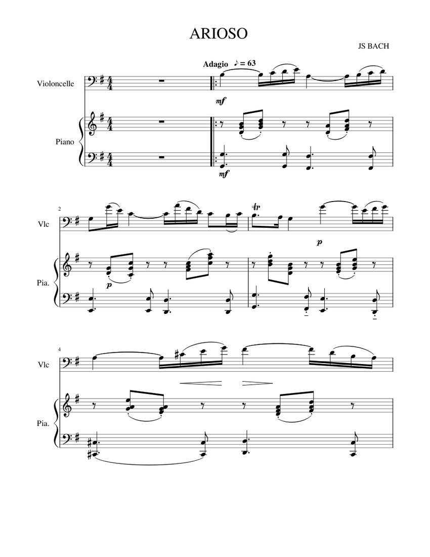 ARIOSO JS BACH Sheet music for Piano, Cello (Solo) | Musescore.com