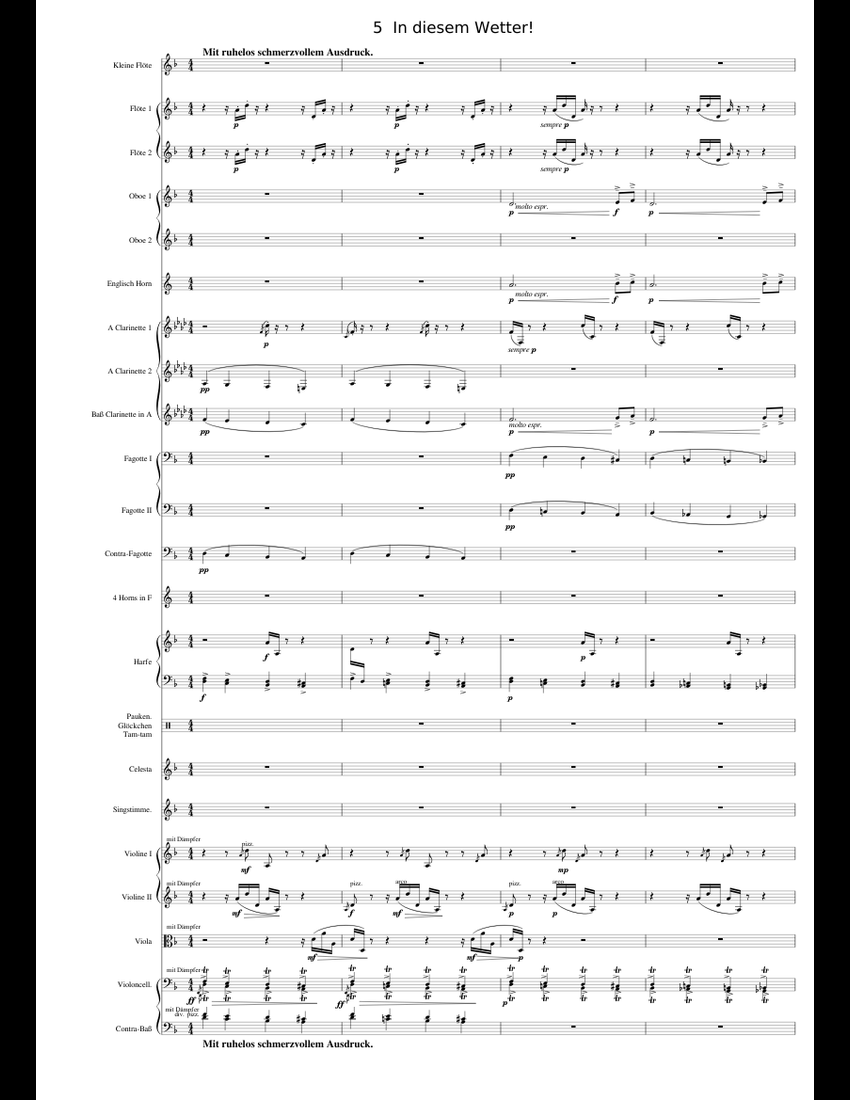 Mahler Kindertotenlieder No. 5 In Diesem Wetter sheet music for Flute, Clarinet, Violin, Piccolo ...