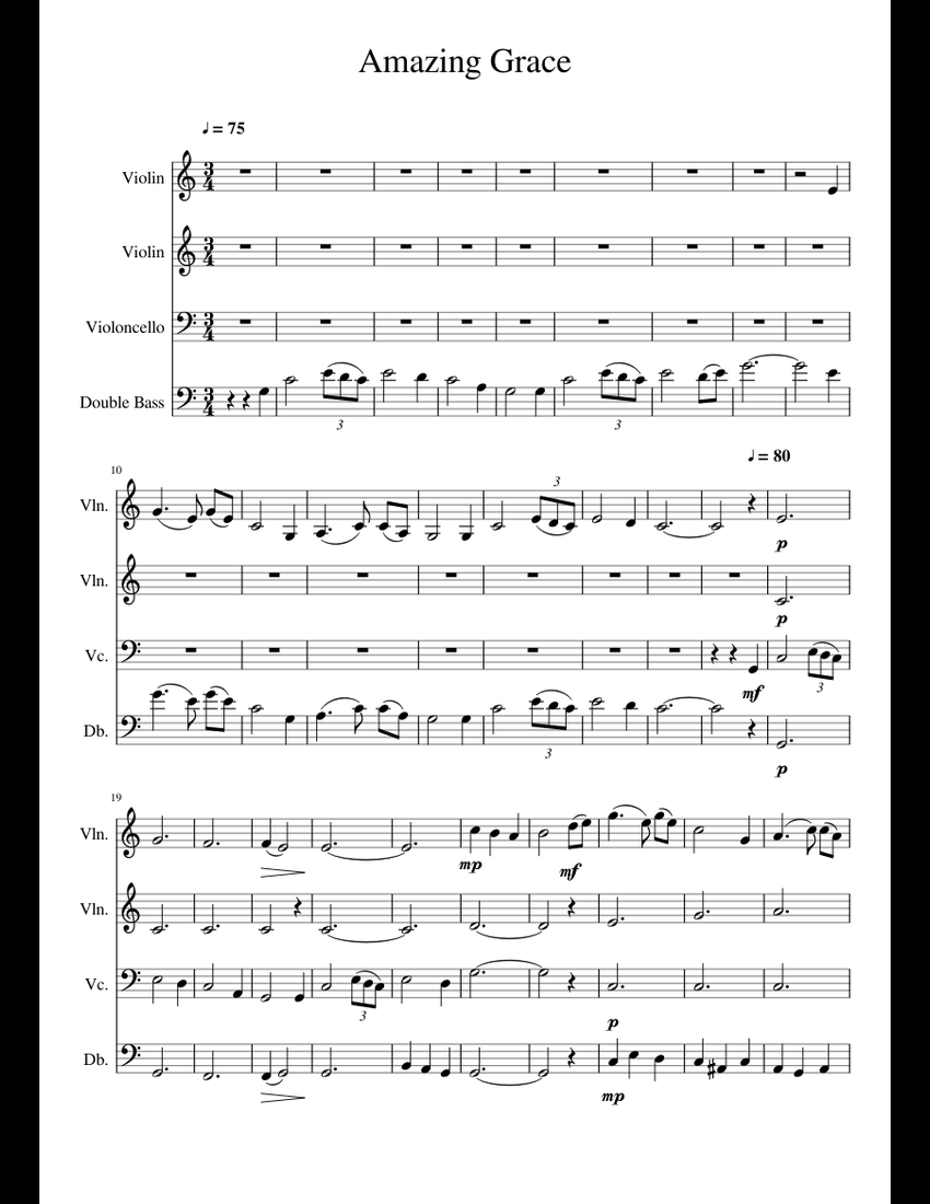 Amazing Grace sheet music for Violin, Cello, Contrabass download free ...