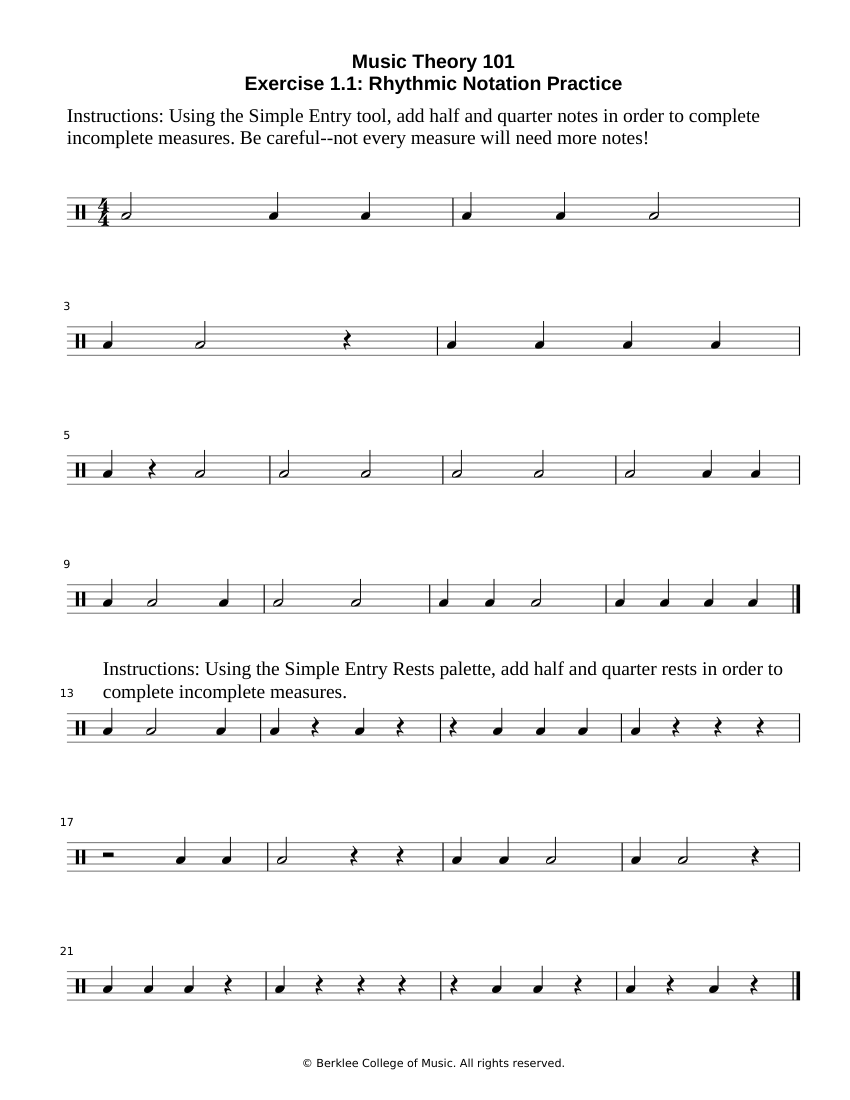 Music Theory 101 Exercise 1.1: Rhythmic Notation Practice Sheet music ...