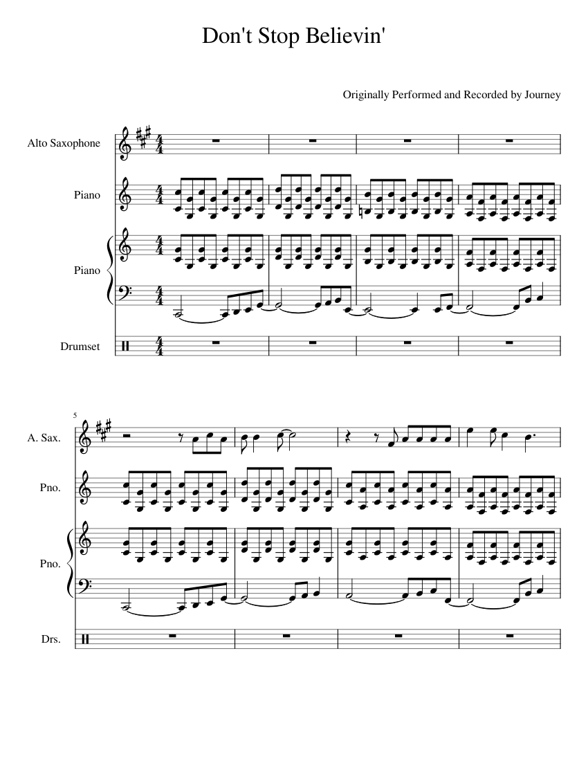 Don't Stop Believing sheet music for Piano, Alto Saxophone, Percussion ...