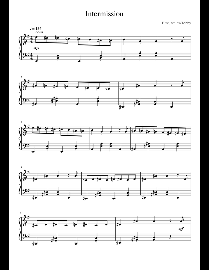 Intermission - Blur sheet music for Piano download free in PDF or MIDI