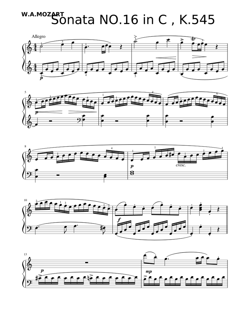 Sonata in C K545 1 Sheet music for Piano | Download free in PDF or MIDI | Musescore.com