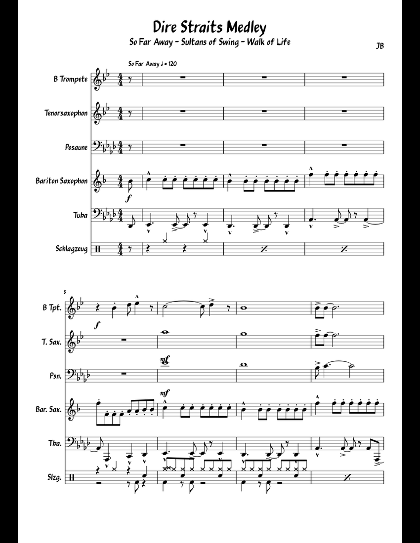 Dire Straits Medley sheet music for Trumpet, Tenor Saxophone, Trombone ...