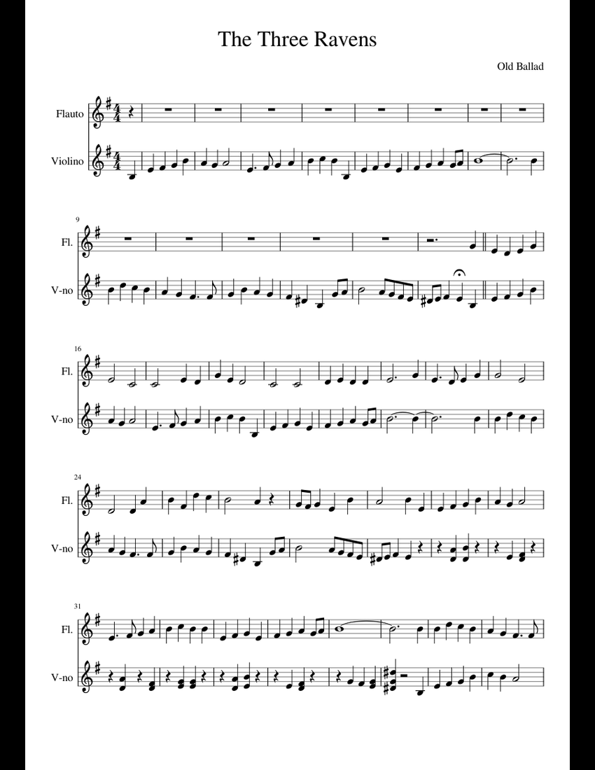 The Three Ravens sheet music for Flute, Violin download free in PDF or MIDI