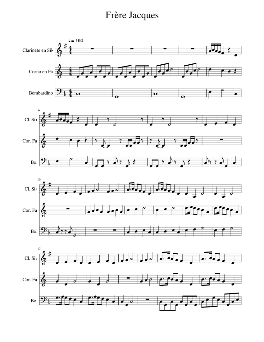 Frère_Jacques Sheet music for Clarinet, French Horn, Tuba | Download ...