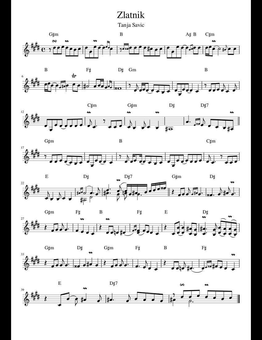 Tanja Savic - Zlatnik sheet music for Piano download free in PDF or MIDI