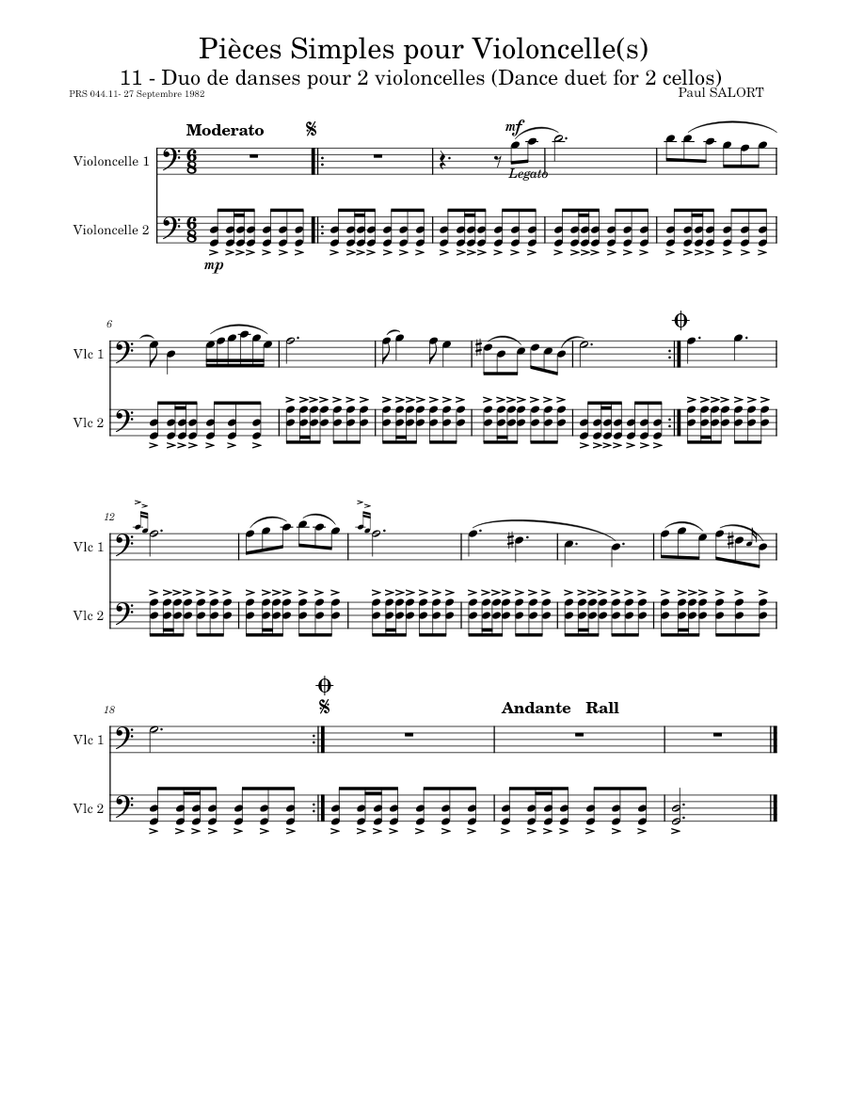 PRS 044.11 Pièces simples pour violoncelle - Danse pour 2 violoncelles ...