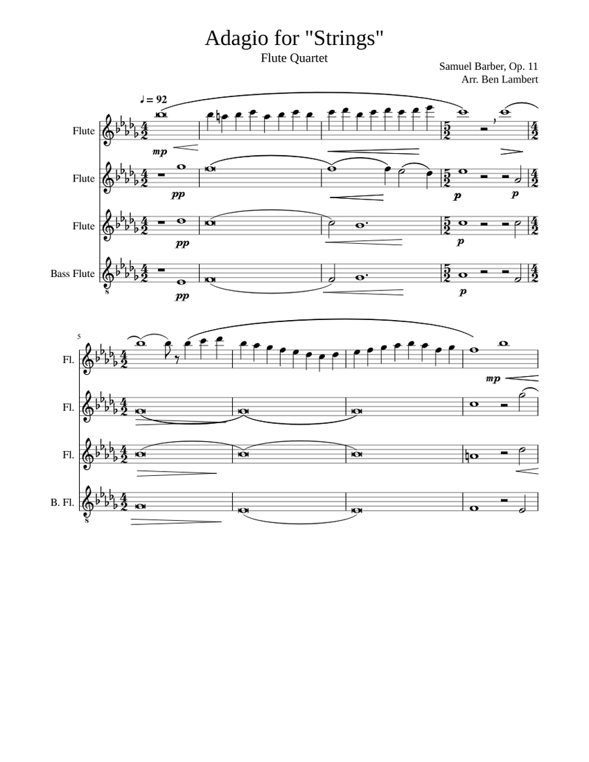 Adagio for "Strings" Sheet music for Flute, Flute (Bass) (Mixed Quartet) | Musescore.com