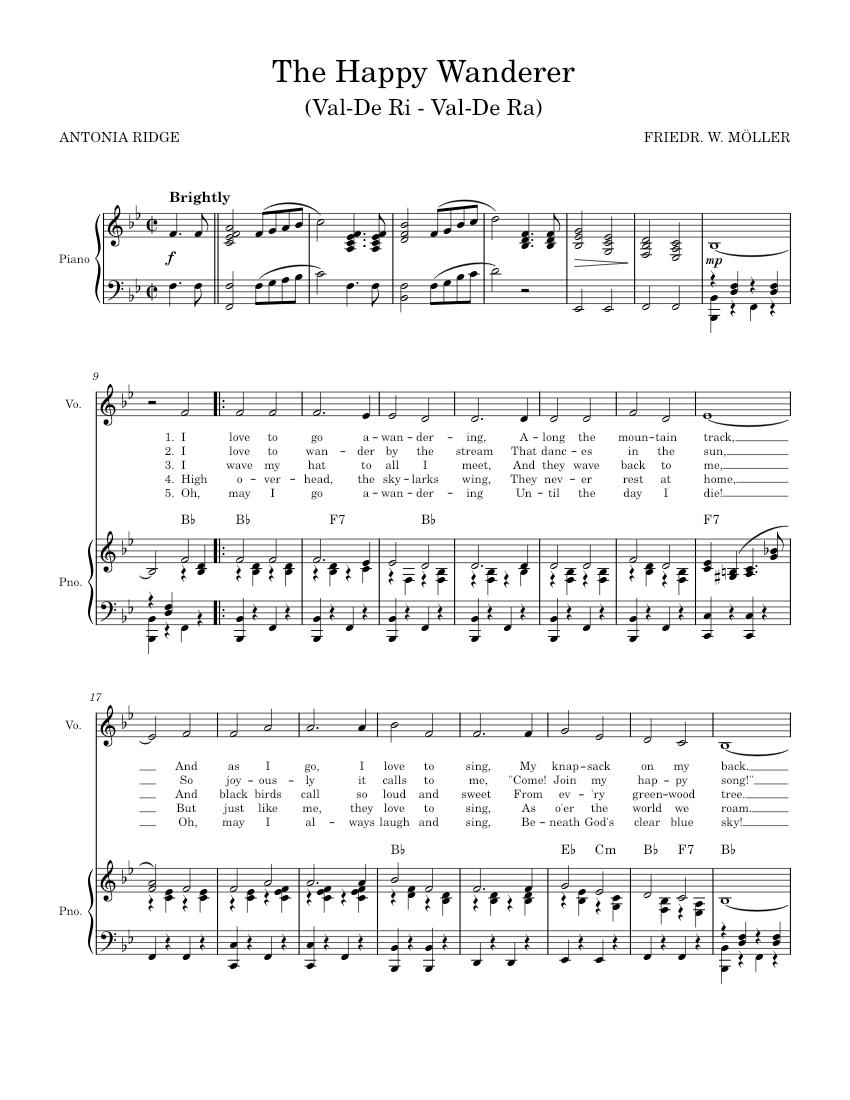 The Happy Wanderer sheet music for Piano, Voice download free in PDF or ...