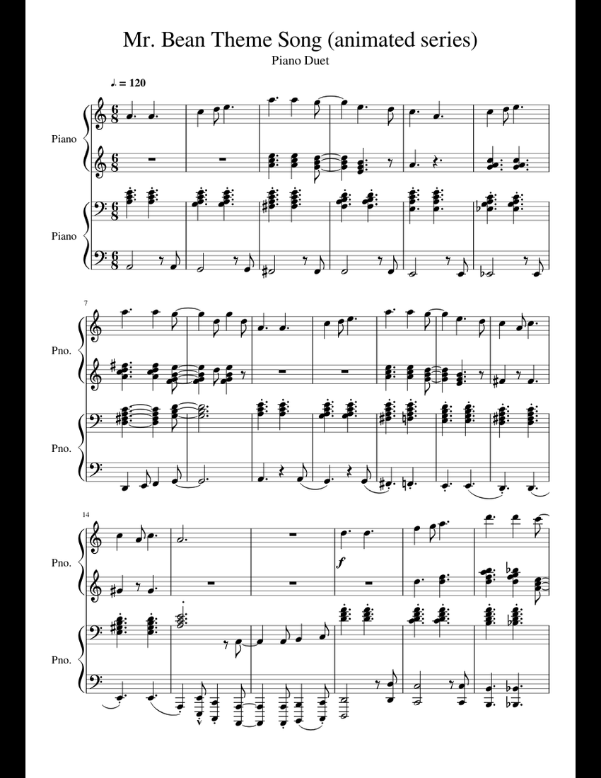 Mr Bean Theme Song animated series Piano Duet sheet music for Piano ...