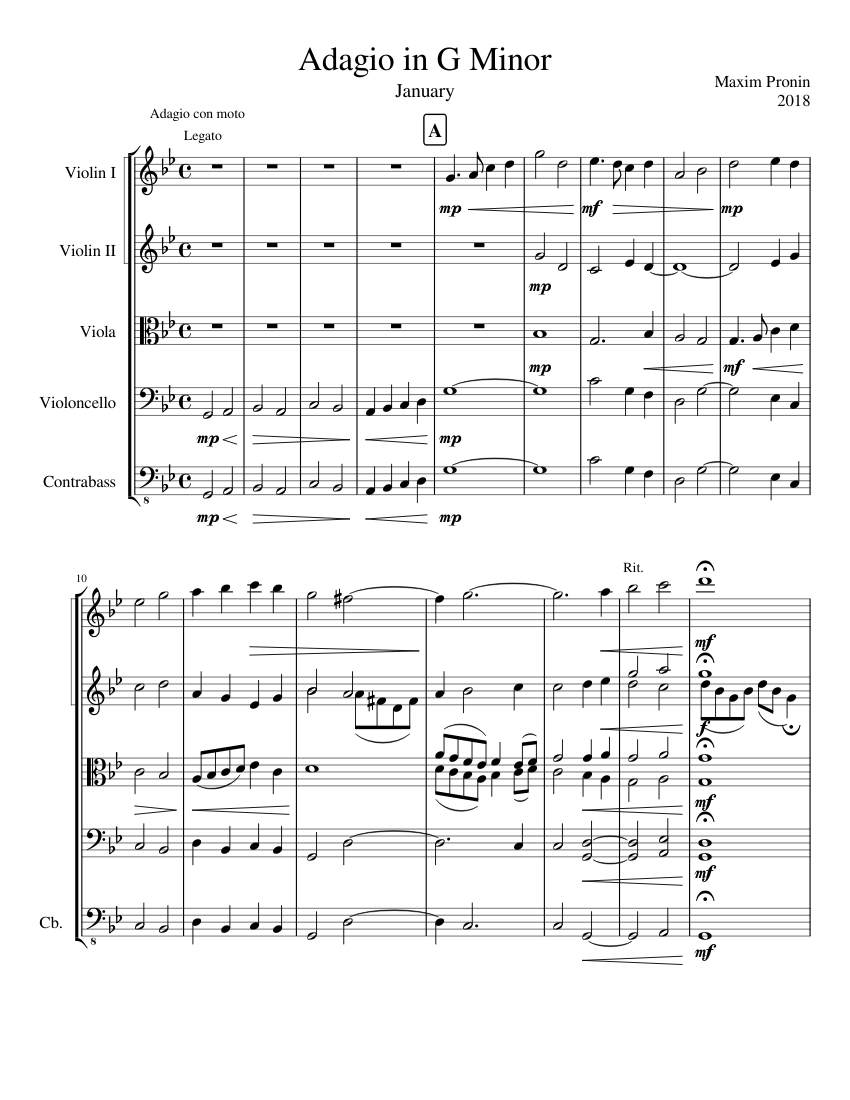 Adagio in G minor Sheet music for Violin, Cello, Viola, Contrabass ...