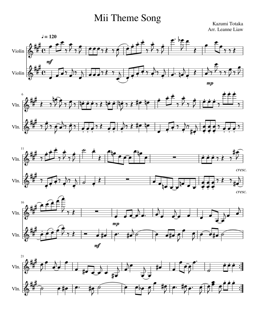 Mii Theme Song Violin Duet sheet music for Violin download free in PDF ...