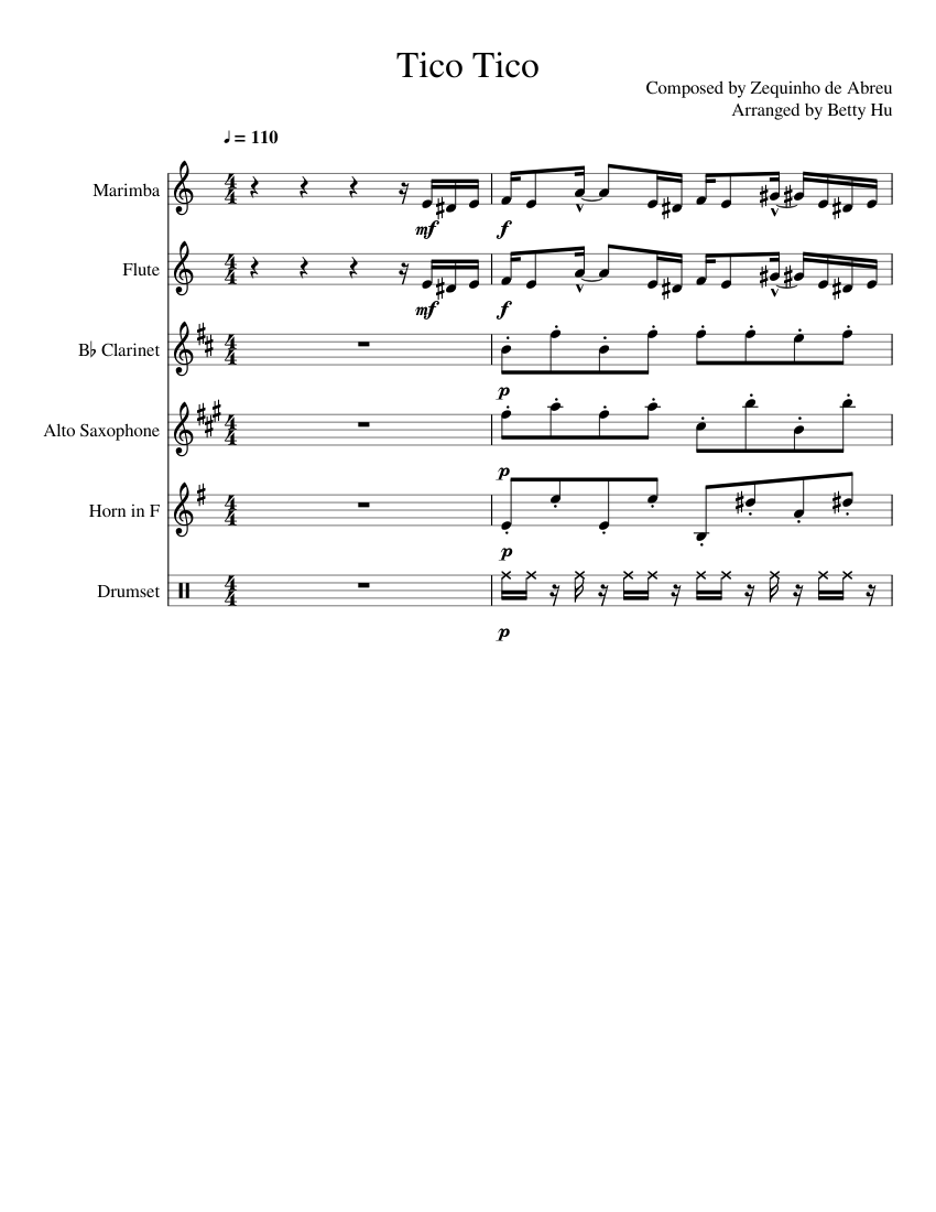 Tico Tico Sheet music for Piano, Flute, Clarinet, Percussion | Download ...