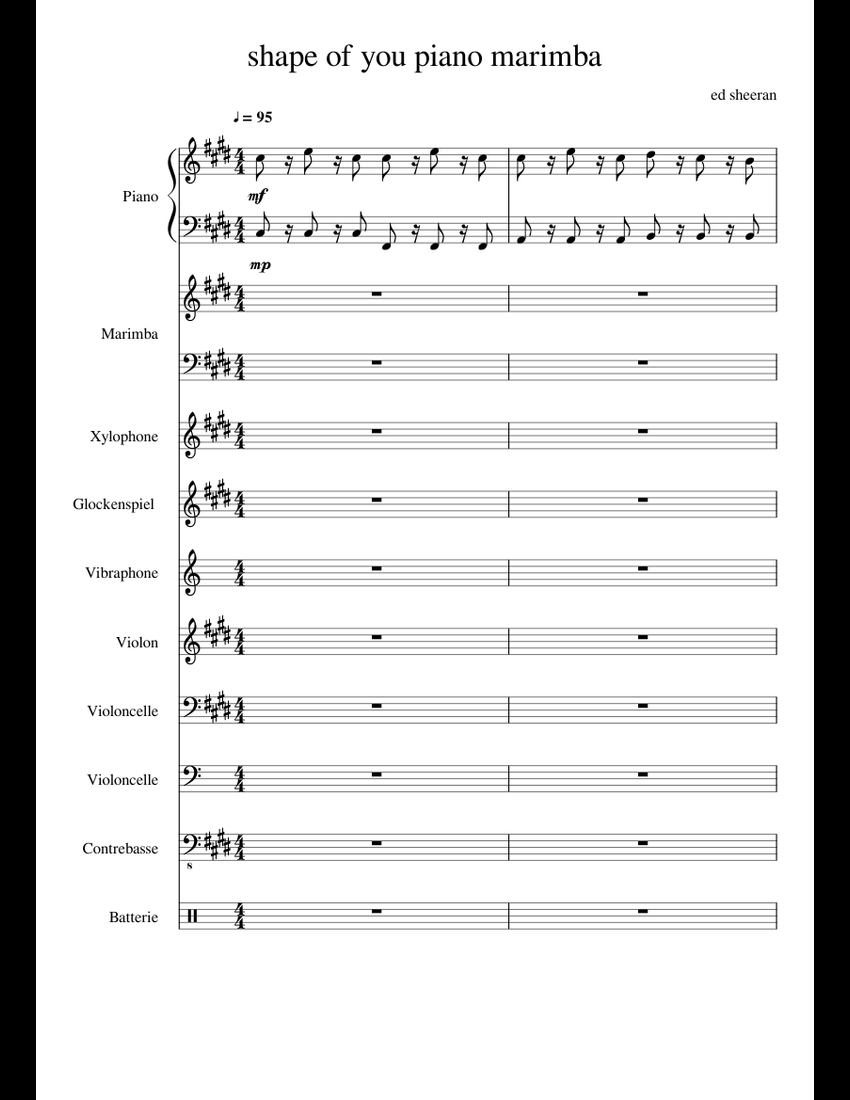 Shape of you, Ed Sheeran, instrumental sheet music for Piano, Violin ...