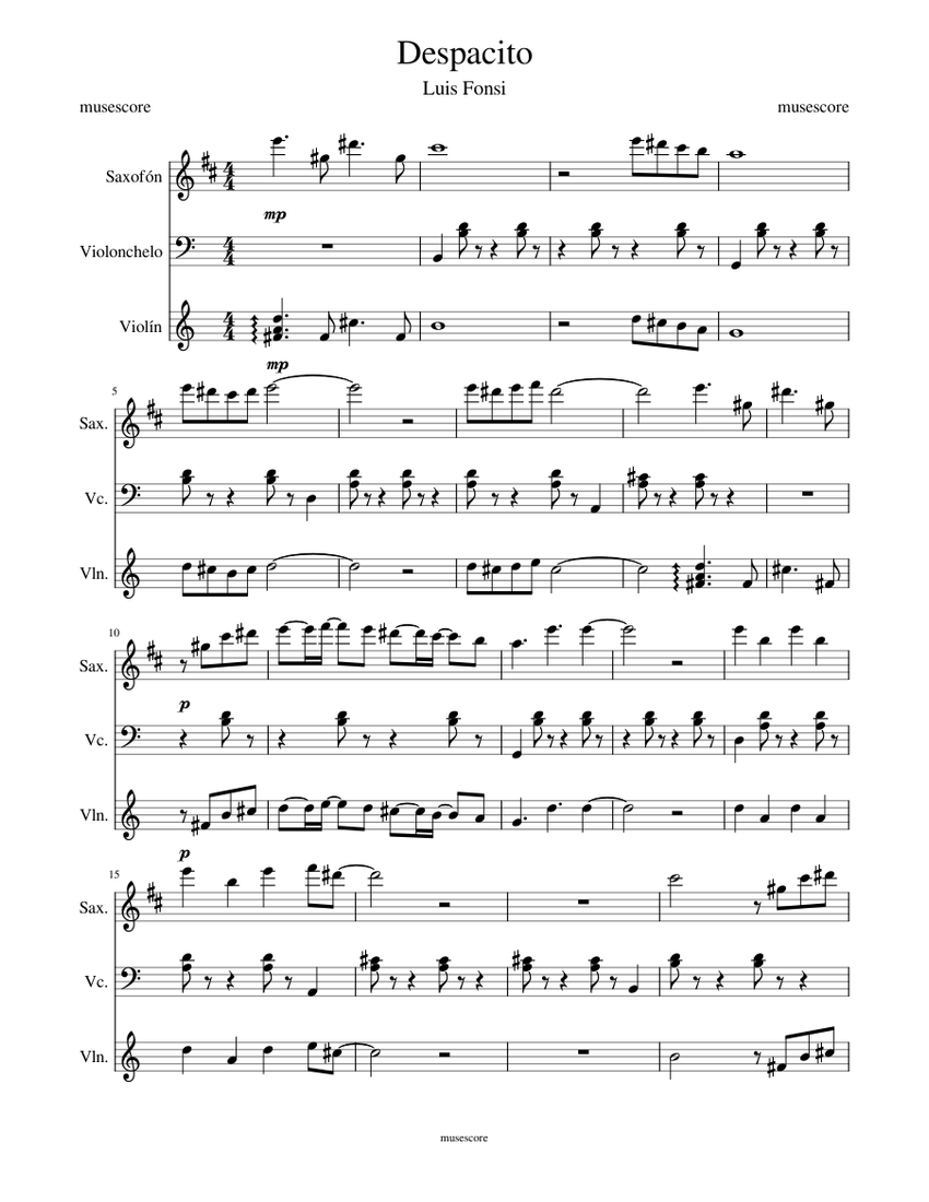Despacito Sheet music for Violin, Tenor Saxophone, Cello | Download ...