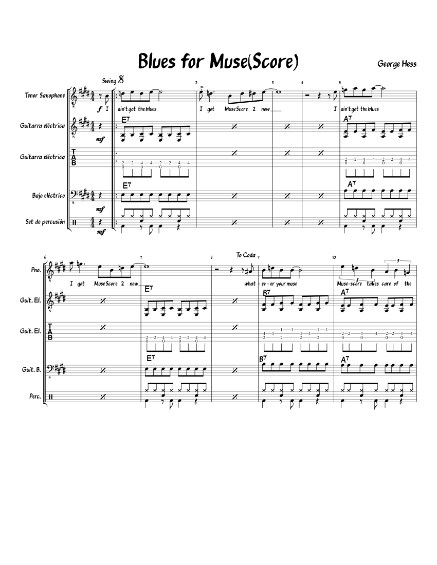Blues for Muse(Score) Sheet music for Tenor Saxophone, Guitar, Bass ...