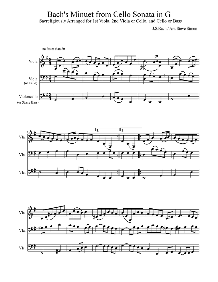Bach Minuet Arrangement (Viola, Viola or Cello, Cello or Bass) Sheet ...