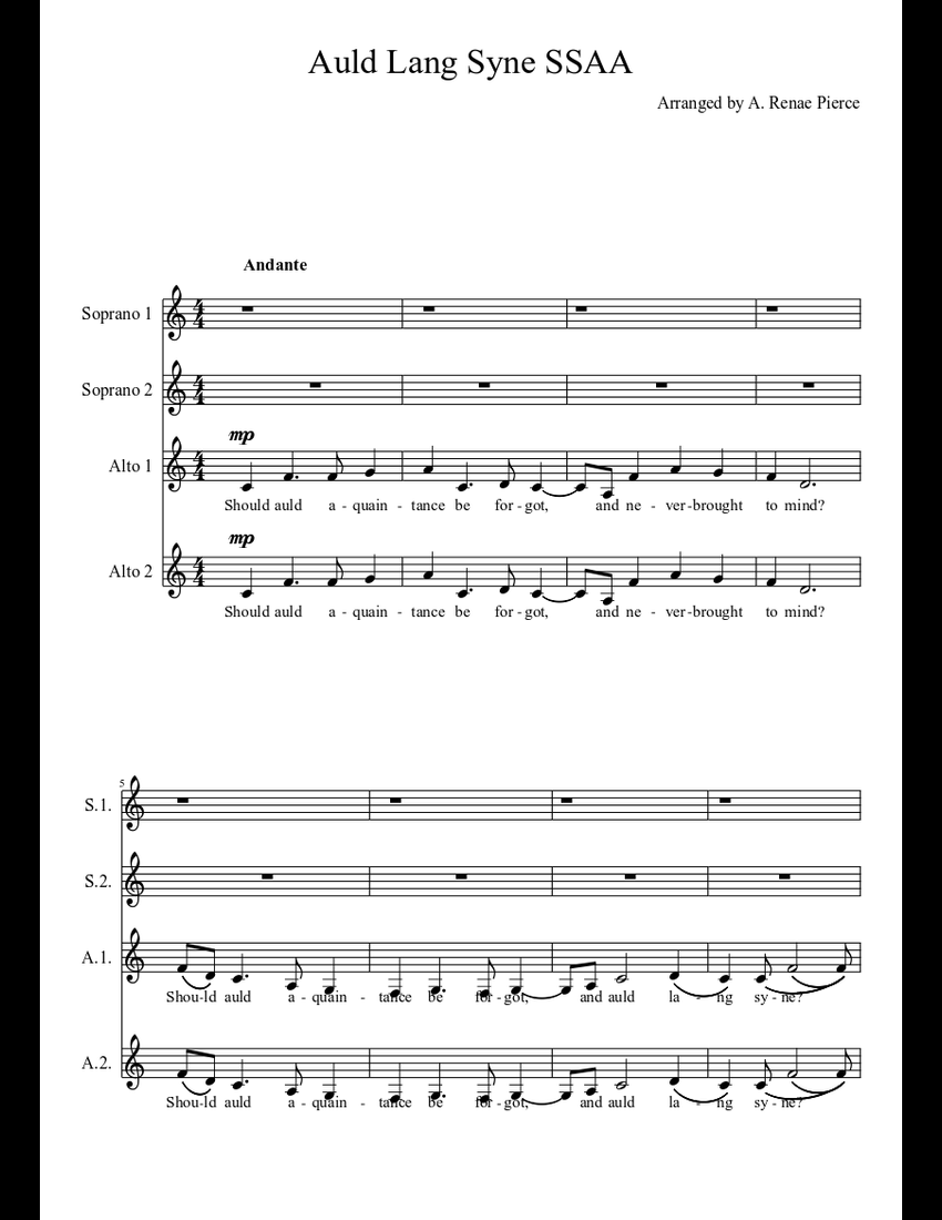 Auld Lang Syne SSAA sheet music download free in PDF or MIDI