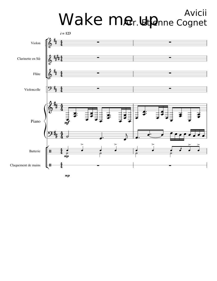 Wake me up Sheet music for Violin, Clarinet, Flute, Piano | Download ...