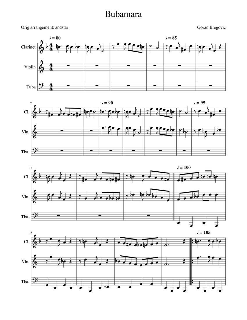 Bubamara (for trio) Sheet music for Violin, Tuba, Clarinet (Mixed Trio) | Musescore.com