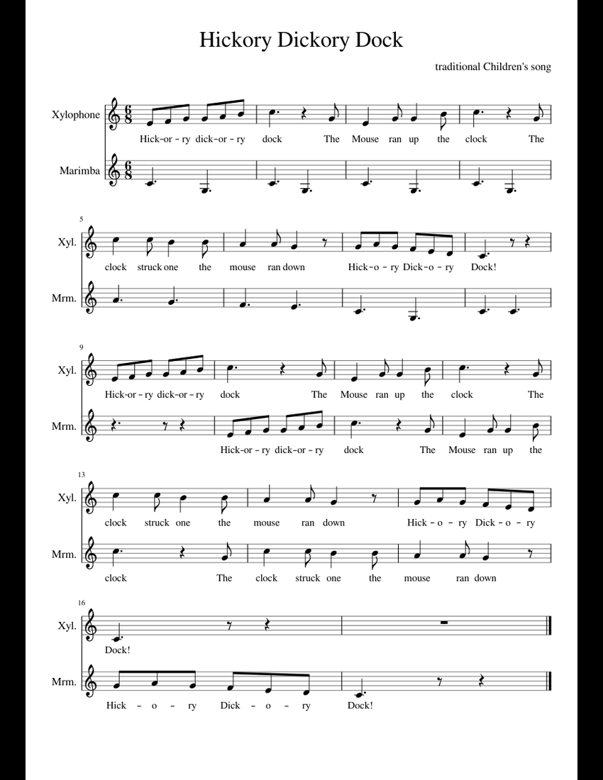 Hickory Dickory Dock sheet music for Percussion download free in PDF or ...