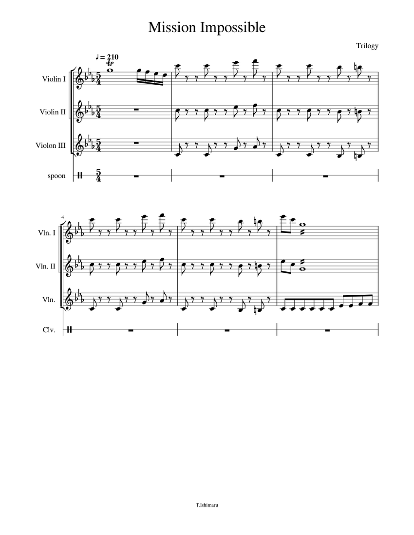 Mission Impossible for violin trio Sheet music for Violin, Percussion ...