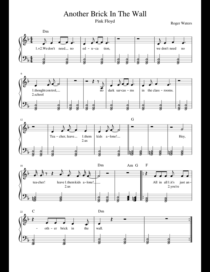 Another Brick In The Wall sheet music for Piano download free in PDF or ...