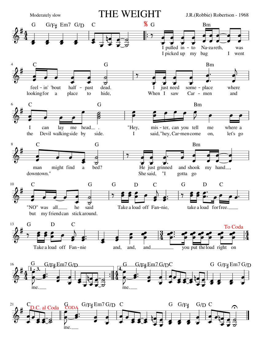 THE WEIGHT (Leadsheet) Sheet music for Piano | Download free in PDF or ...