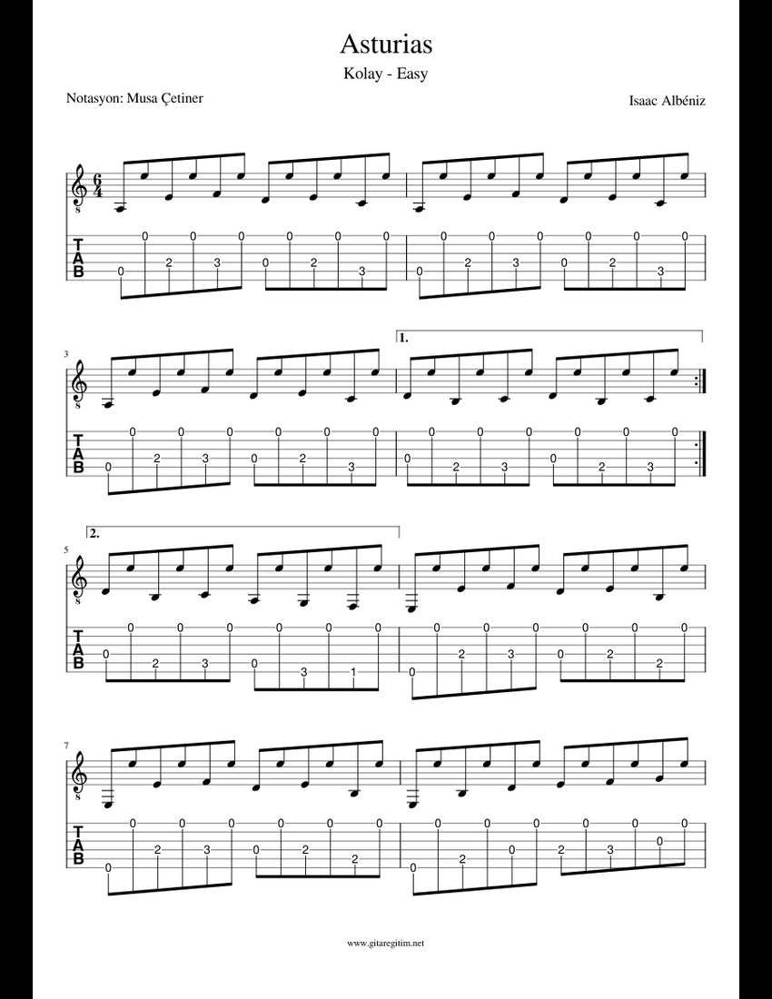 Albeniz - Asturias - Easy - Kolay sheet music for Guitar download free in PDF or MIDI