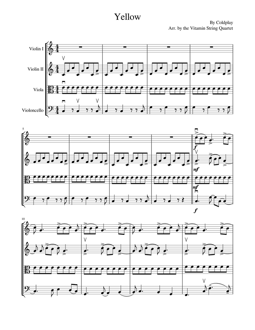 Yellow by Coldplay Sheet music for Violin, Cello, Viola (String Quartet ...