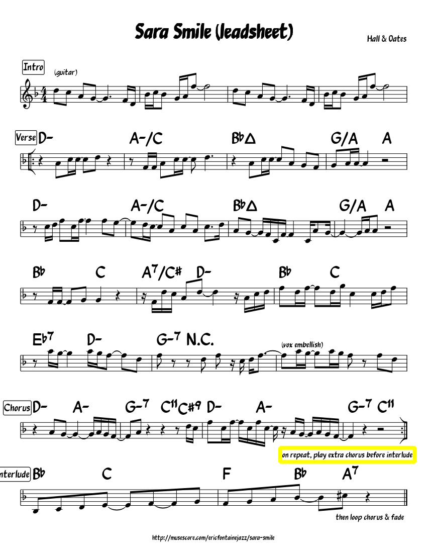 Sara Smile (Hall & Oates) leadsheet sheet music for Piano download free ...