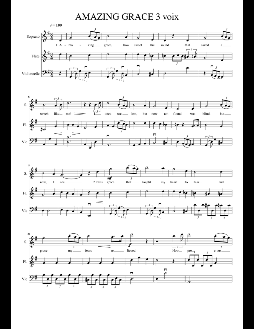 AMAZING GRACE 3 voix sheet music for Flute, Voice, Cello download free ...