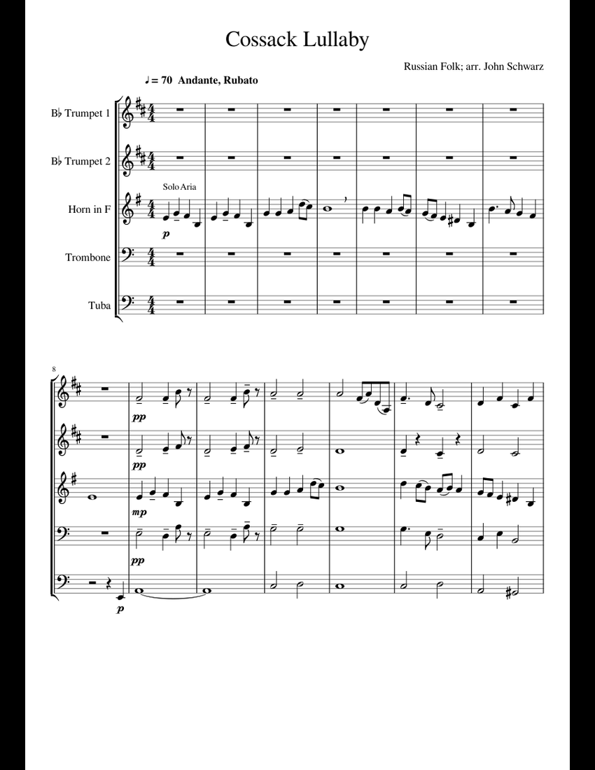 Cossack Lullaby sheet music for Trumpet, French Horn, Trombone, Tuba ...